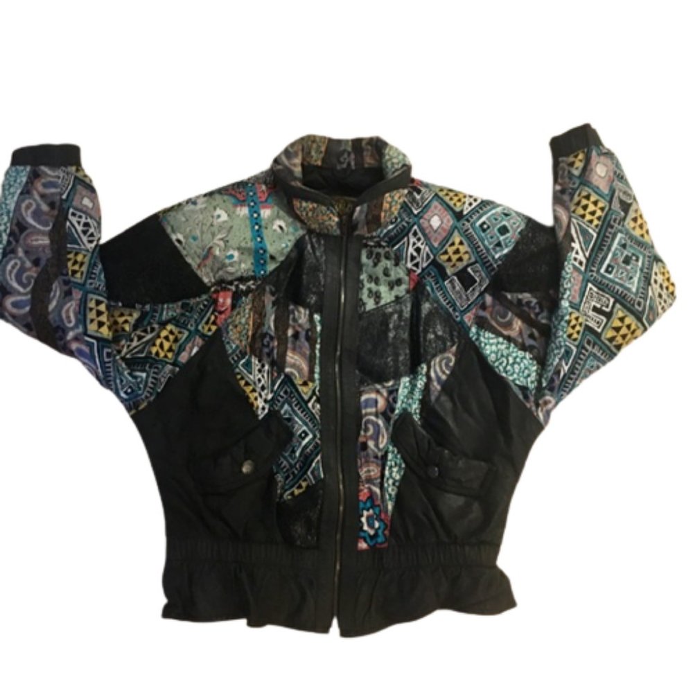 Winlit Jacket Leather Mixed Print Fabric Vintage 80s … - Gem
